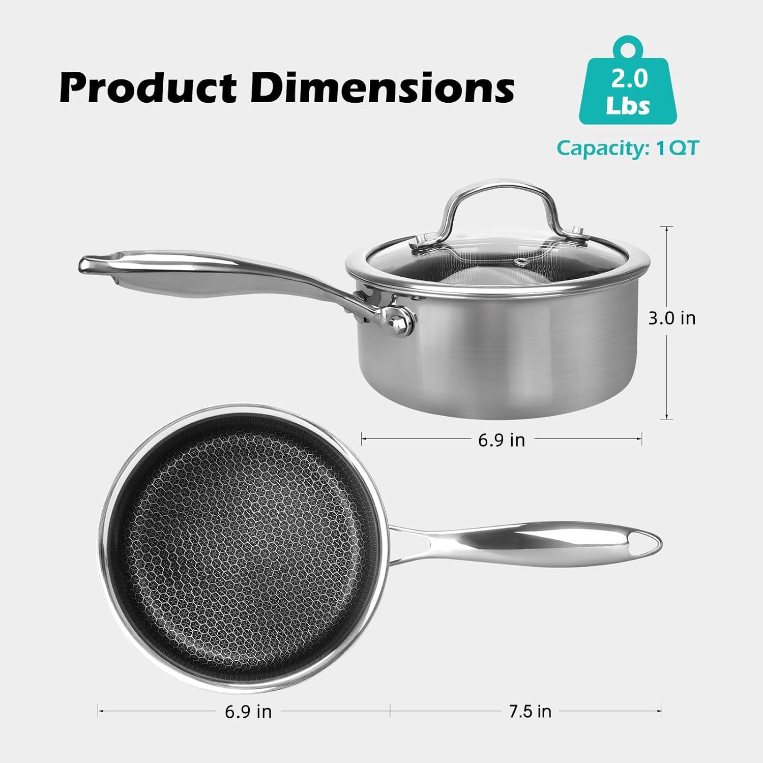 CBYJK 1QT Stainless Steel Saucepan with Lid – Honeycomb Non-Stick, Eco ...